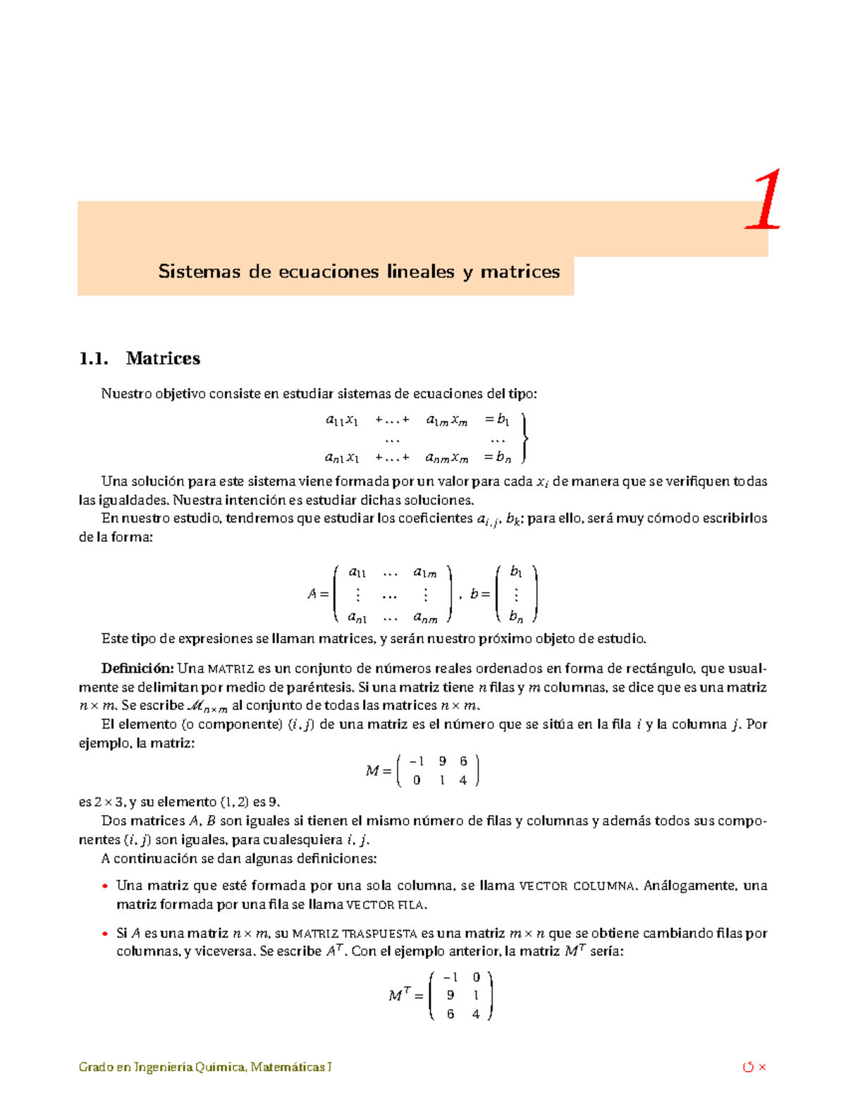 01 Matrices(imprimir) - 1 Sistemas de ecuaciones lineales y matrices 1 ...