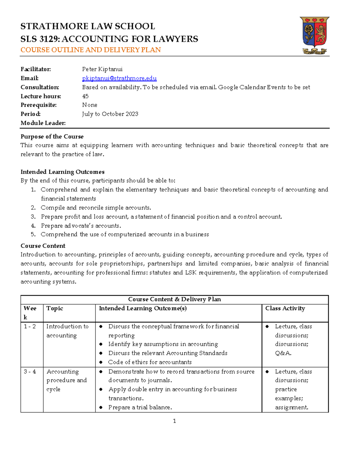 0 SLS 3129 - Course Outline Accounting for Lawyers 2023 - 1 STRATHMORE LAW SCHOOL SLS 3129 ...