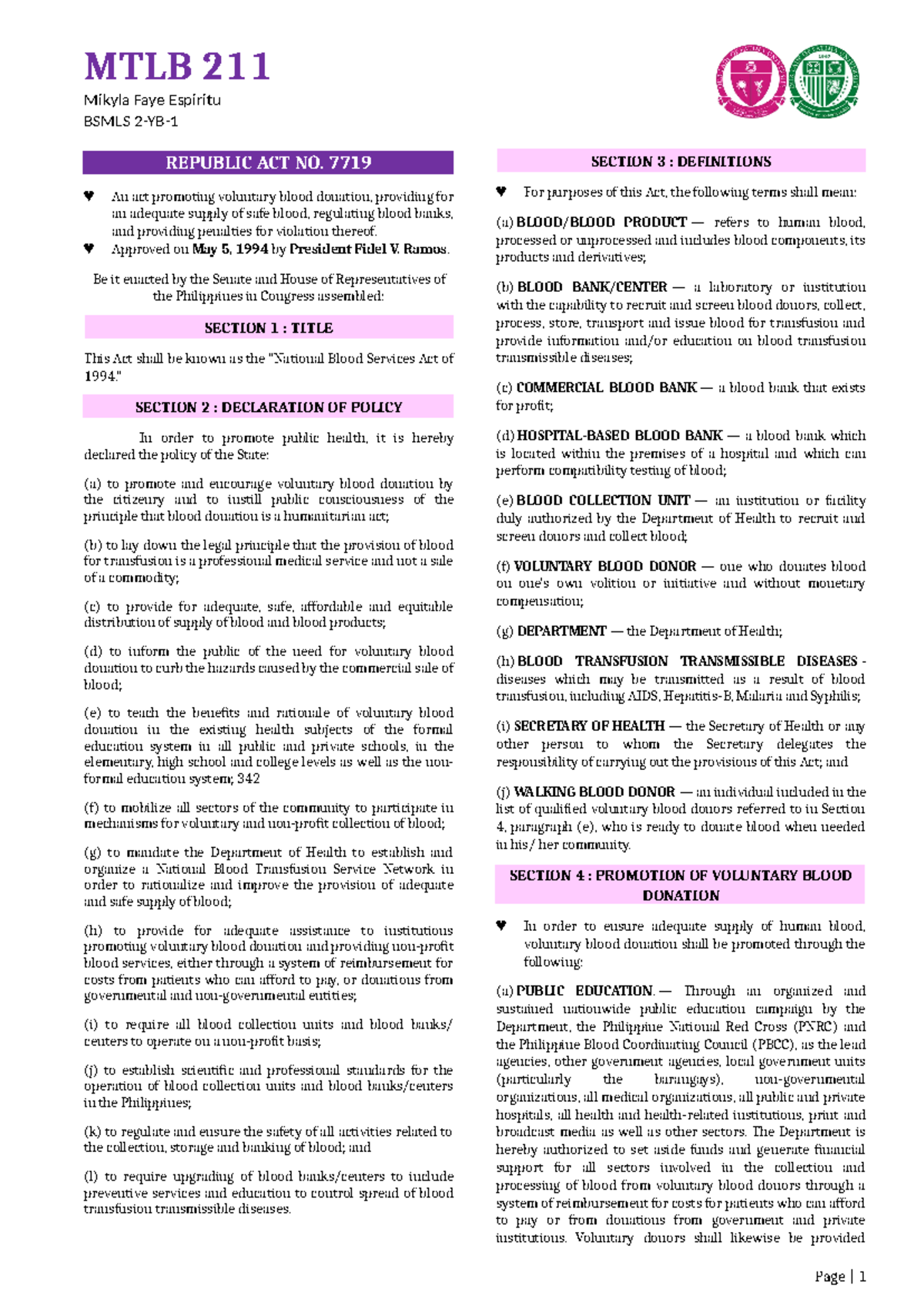 R.A. 7719 - MTLB 211 Mikyla Faye Espiritu BSMLS 2-YB- REPUBLIC ACT NO ...