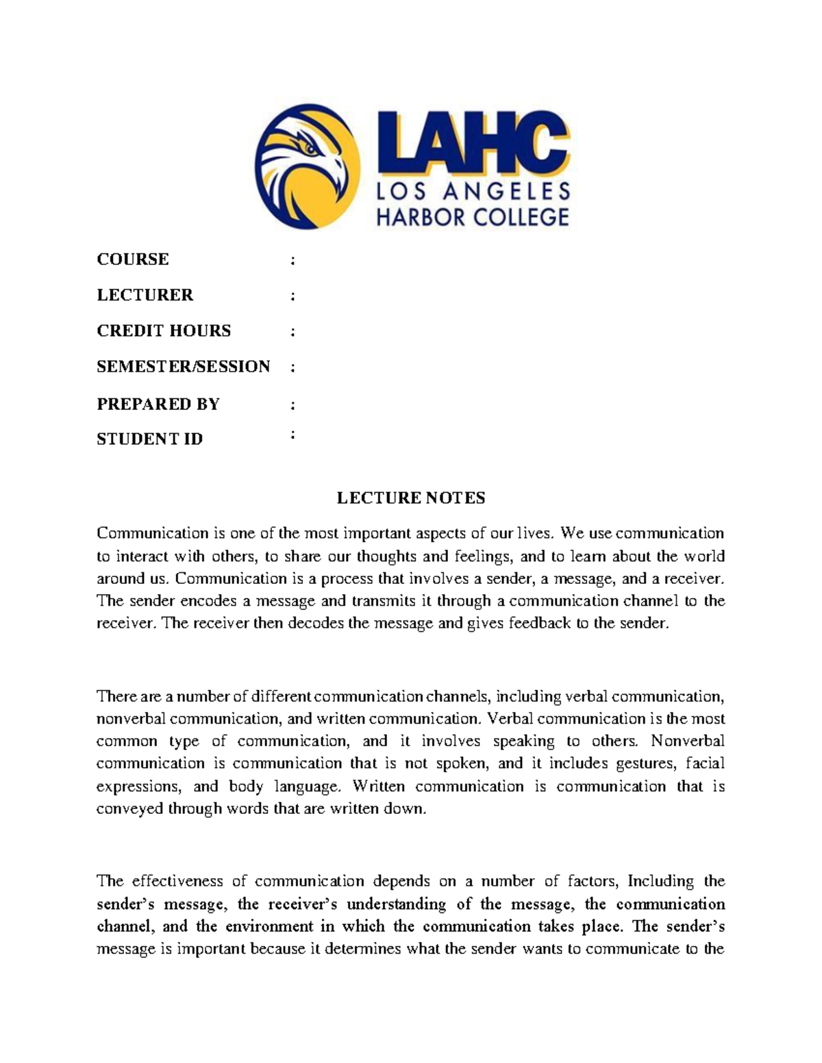 Communication Lecture Notes - COURSE : LECTURER : CREDIT HOURS ...