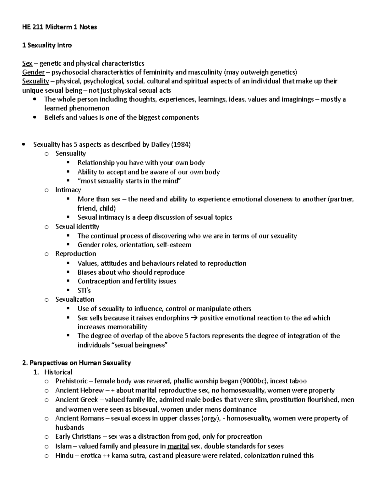 HE 211 Midterm 1 Notes - HE 211 Midterm 1 Notes 1 Sexuality Intro Sex ...