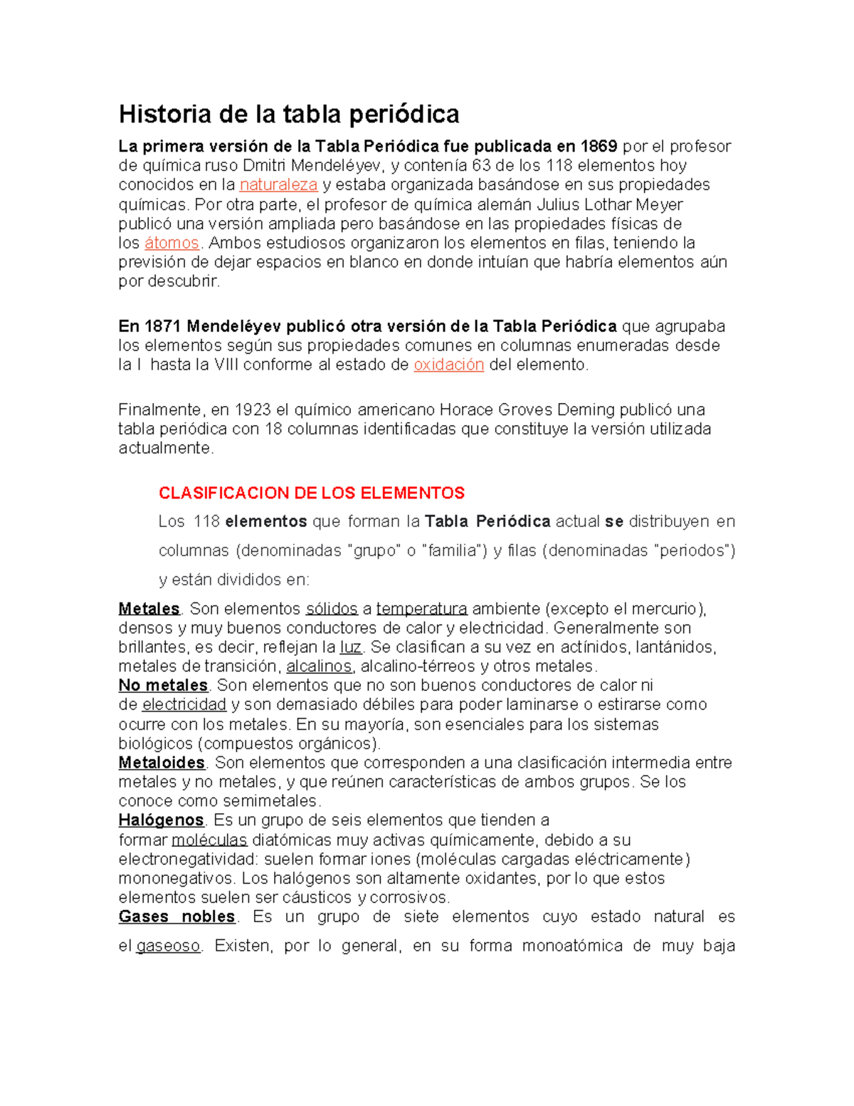 Historia de la tabla periódica - Historia de la tabla periódica La ...