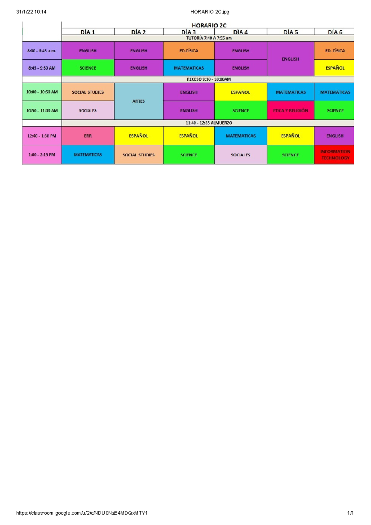 Horario 2C - Resumen matematicas - 31/1/22 10:14 HORARIO 2C HORARIO 2C ...