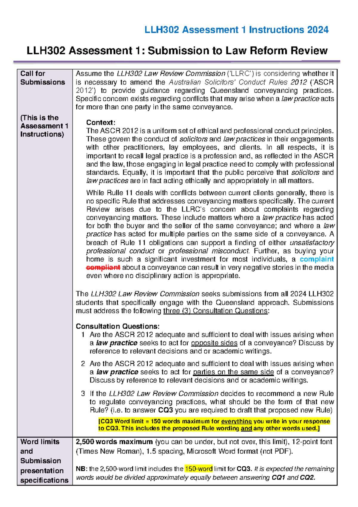 Outline LLH302 2024 A1 Inst amend 26 - LLH302 Assessment 1 Instructions ...