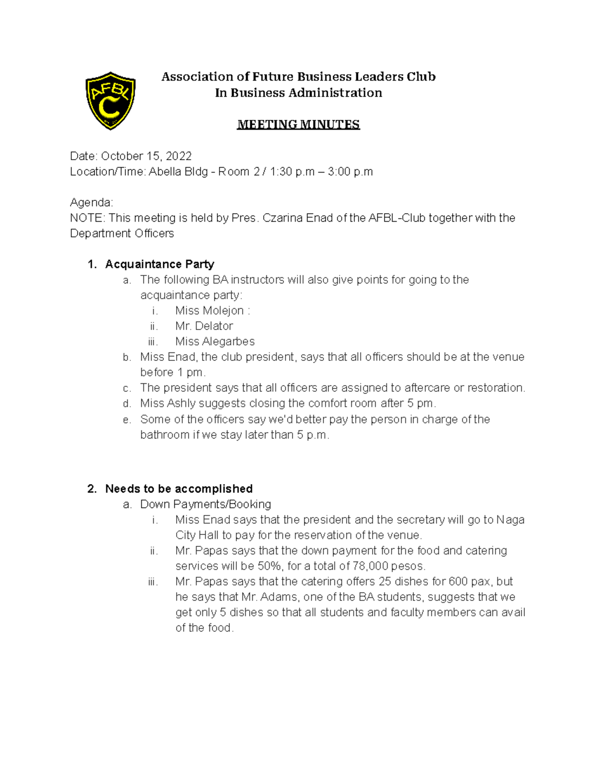 Meeting Minutes - 10 15 22 - Association of Future Business Leaders ...