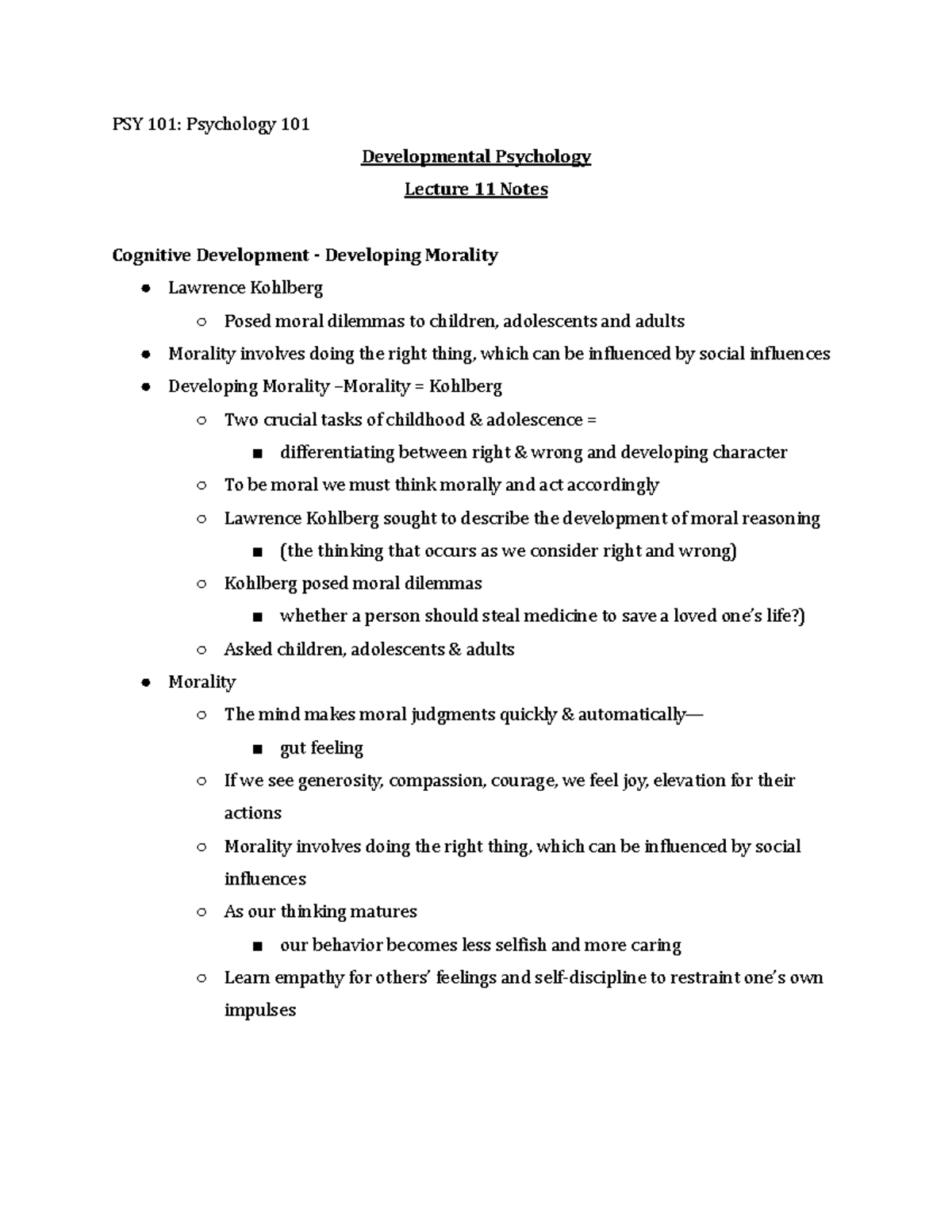 PSY 101 Developmental Psychology Unit Notes Lecture 11 - Spring 2020 ...