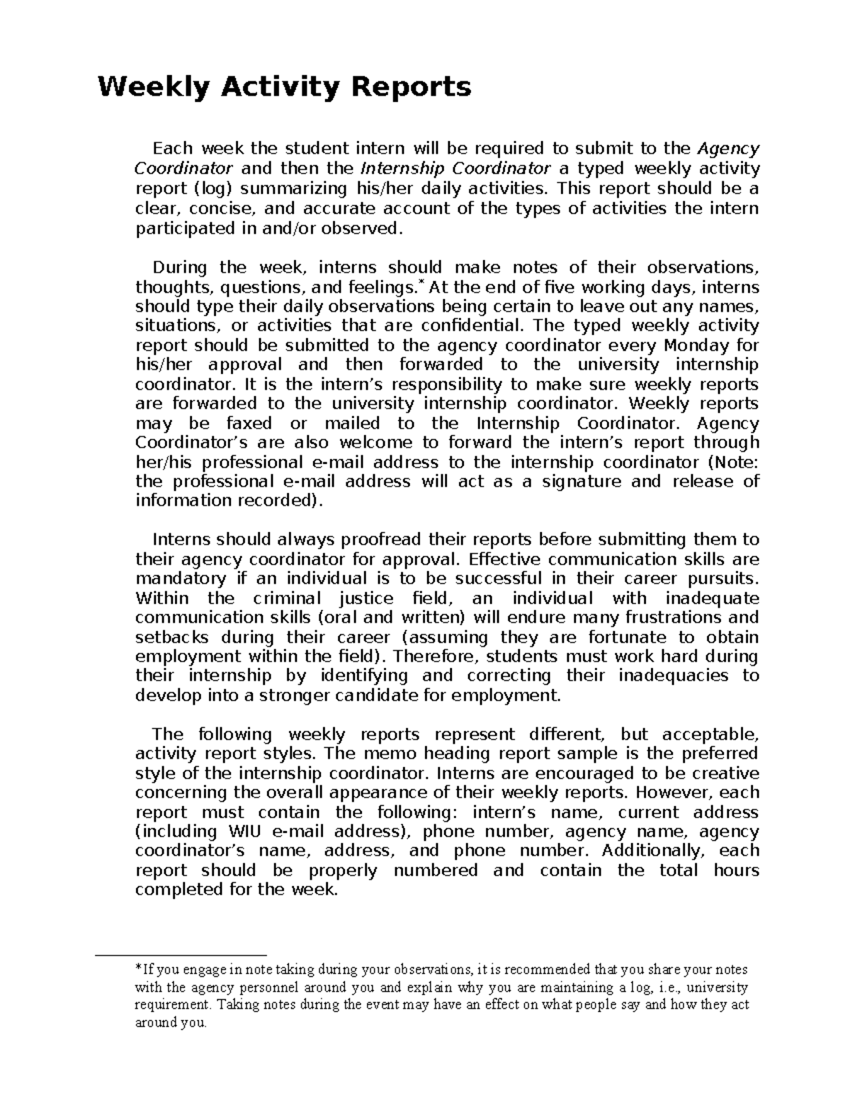 Sample Weekly Activity Reports - Weekly Activity Reports Each week the ...