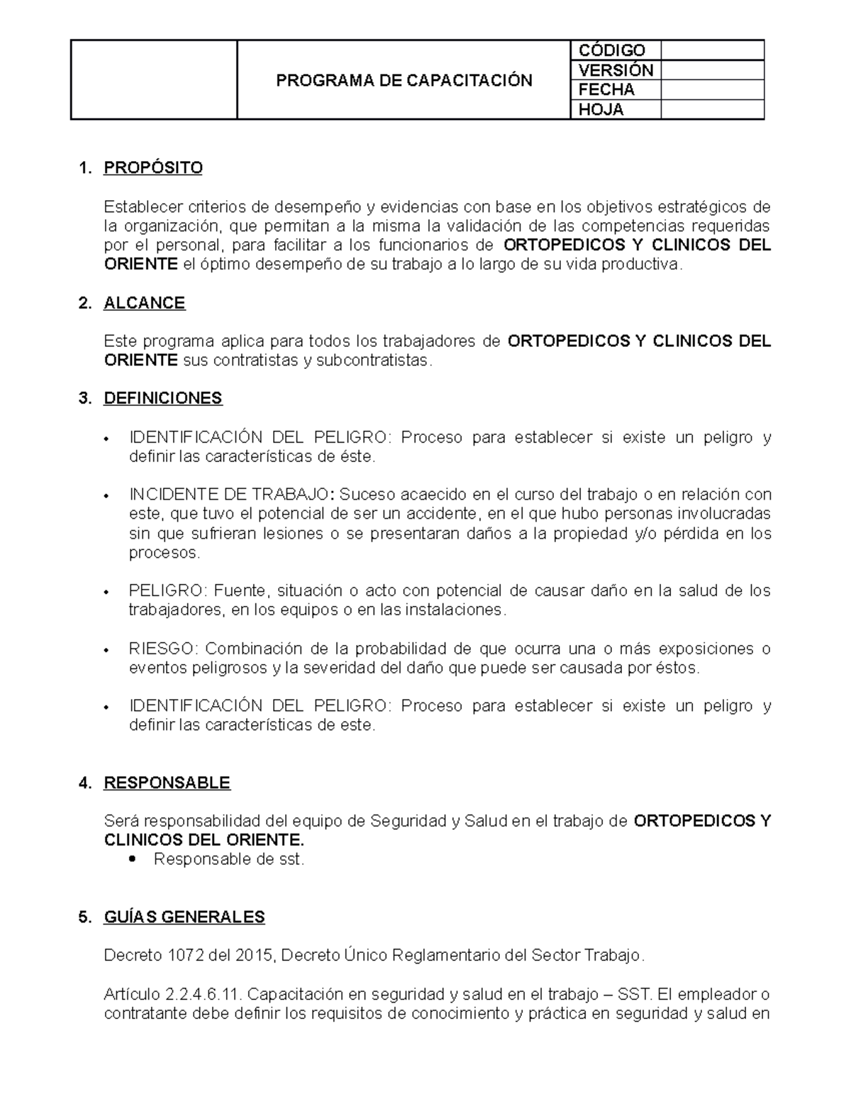 SST-PG-01 Programa DE Capacitacion - PROGRAMA DE CAPACITACIÓN VERSIÓN ...