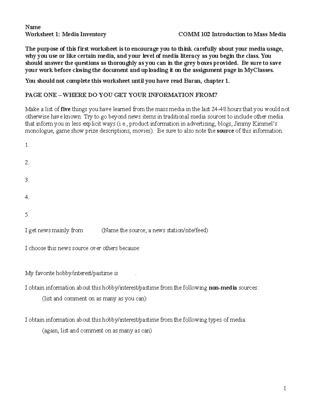 COMM 102 Worksheet 1 - Name Worksheet 1: Media Inventory COMM 102 ...