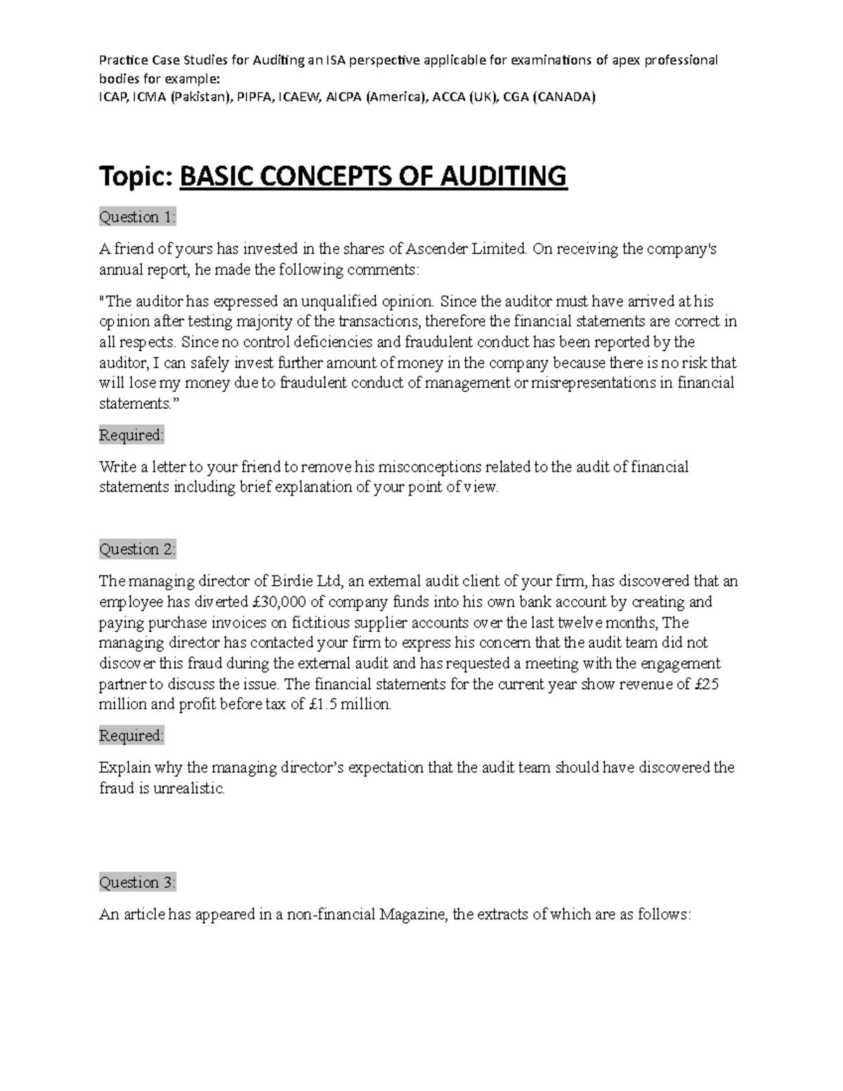 Case Studies Basic concepts of Auditing ISA perspective Chapter 1 ...