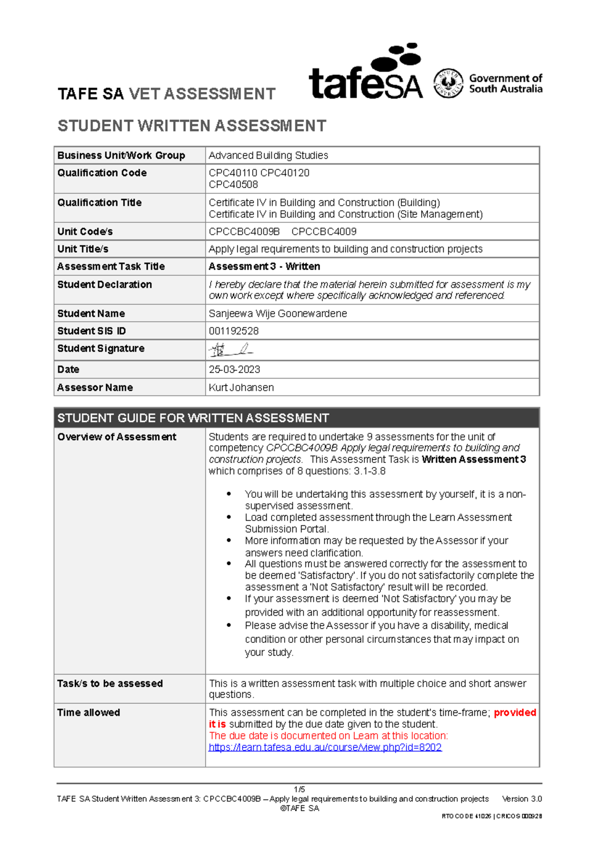 Cpccbc 4009B-ASI-Student Written Task - Assessment 3 - TAFE SA VET ...