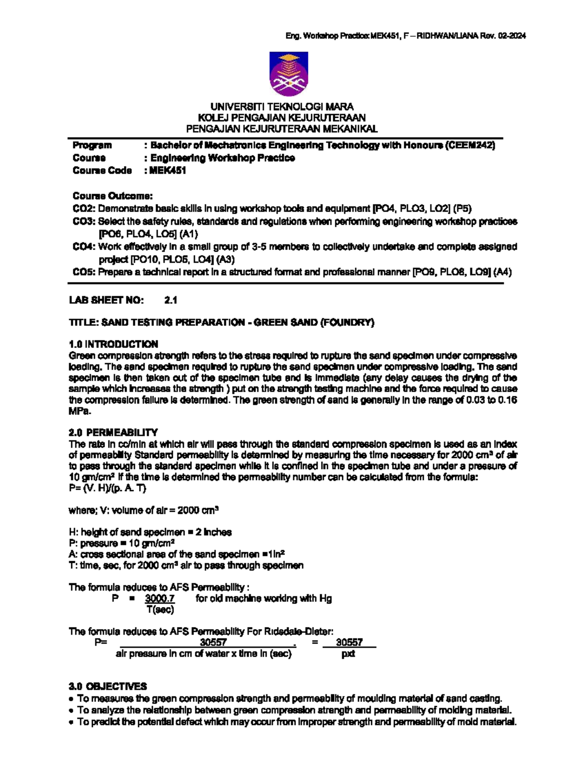Foundry Lab Sheet - Eng. Workshop Practice:MEK451, F Rev. UNIVERSITI TEKNOLOGI MARA KOLEJ ...