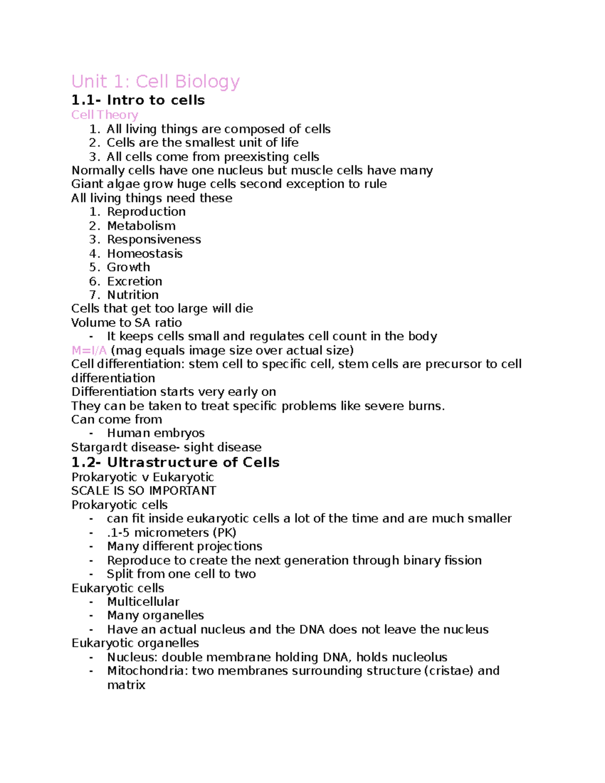 Unit1studyguide - Study Guide - Unit 1: Cell Biology 1- Intro to cells Cell Theory 1. All living ...