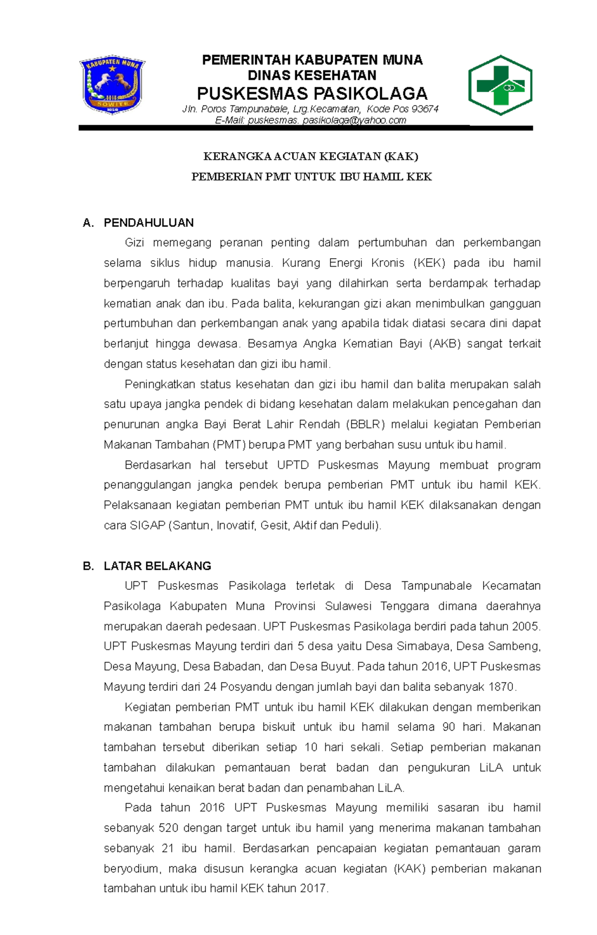 Kupdf - KaK - PEMERINTAH KABUPATEN MUNA DINAS KESEHATAN PUSKESMAS PASIKOLAGA Jln. Poros ...