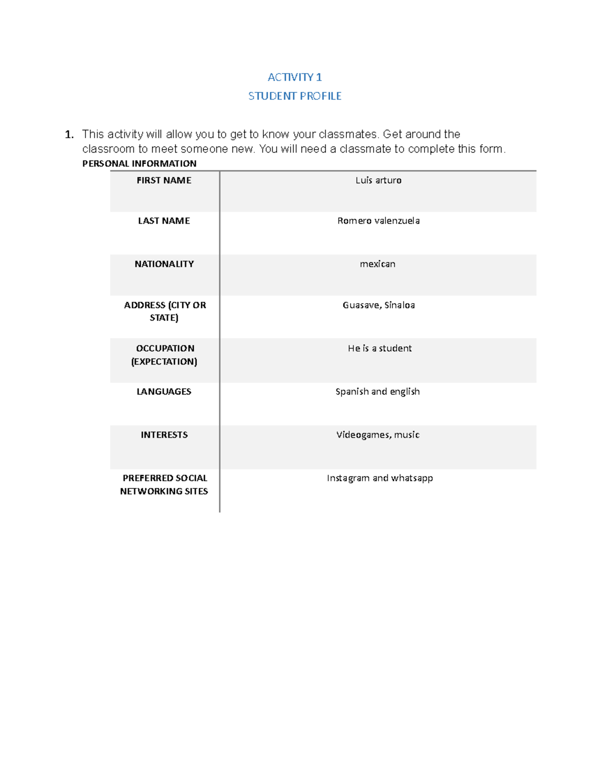 Resource activity 1 ingles nivel numero 2 - STUDENT PROFILE ACTIVITY 1 ...