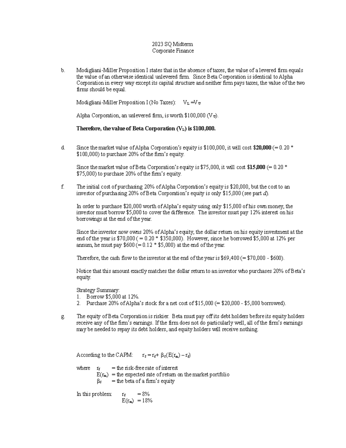 2023 SQ Midterm Solutions - 2023 SQ Midterm Corporate Finance b. Modigliani-Miller Proposition I ...