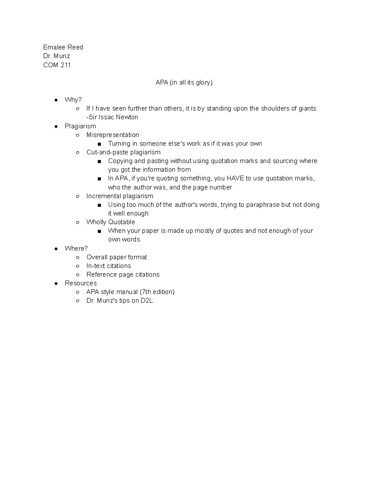 APA unit - APA unit - Emalee Reed Dr. Munz COM 211 APA (in all its ...