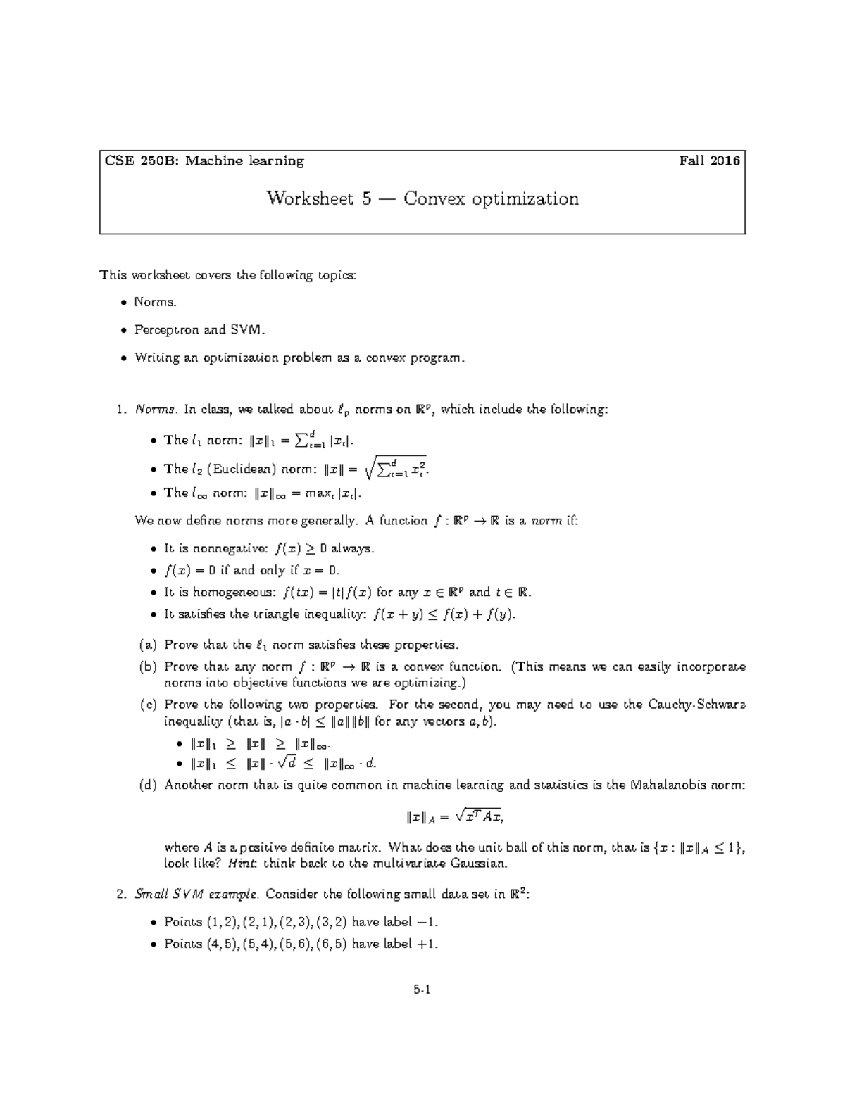 Worksheet 5 — Convex optimization - CSE 250B: Machine learning Fall ...