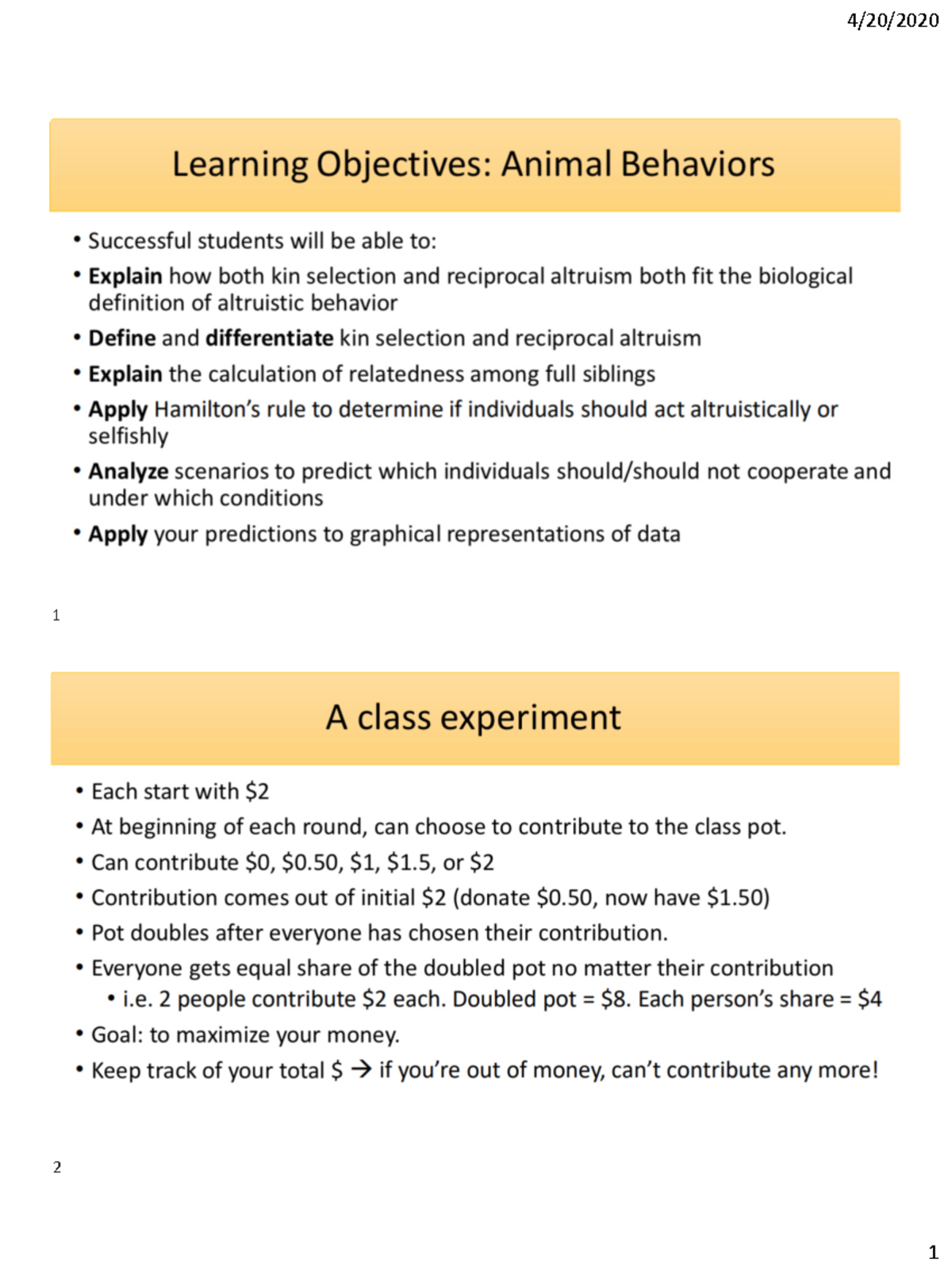 20. Animal Behavior - Lecture notes - A class experiment Cooperative ...