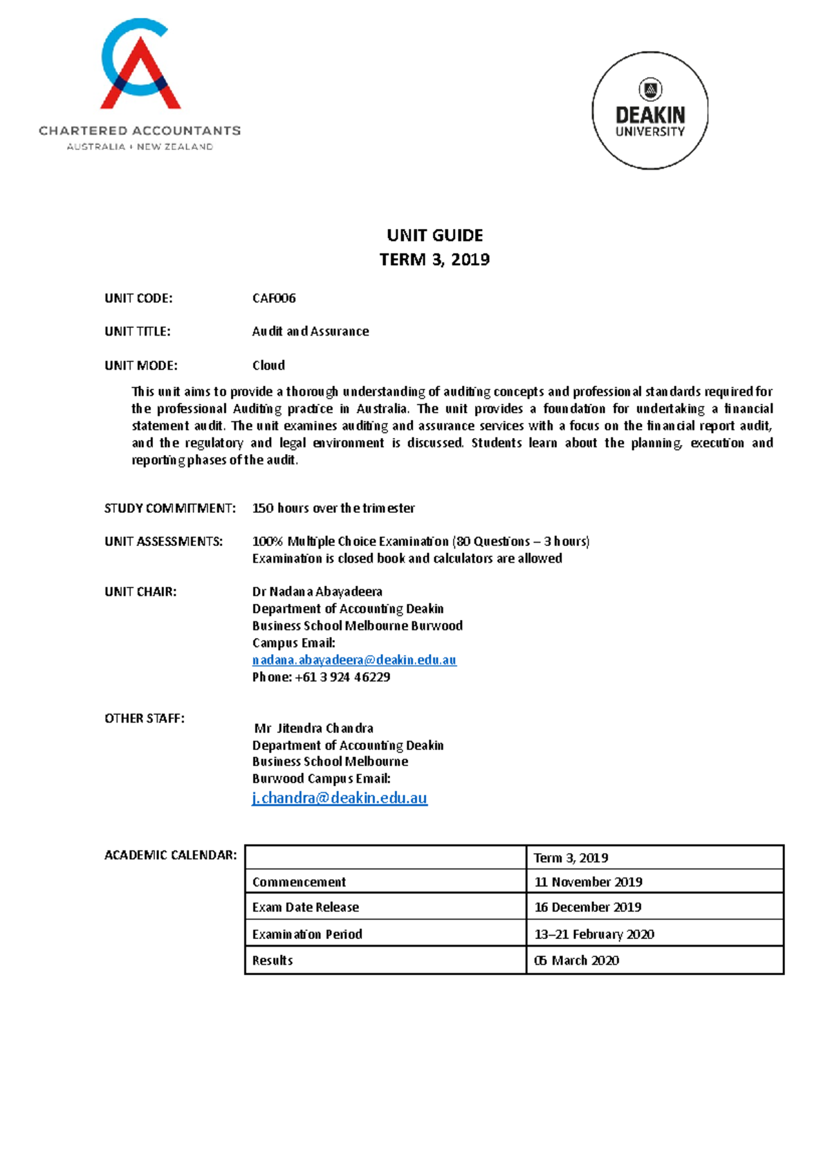 CAF006 T3 2019 Unit Guide - UNIT GUIDE TERM 3, 2019 UNIT CODE: CAF UNIT ...