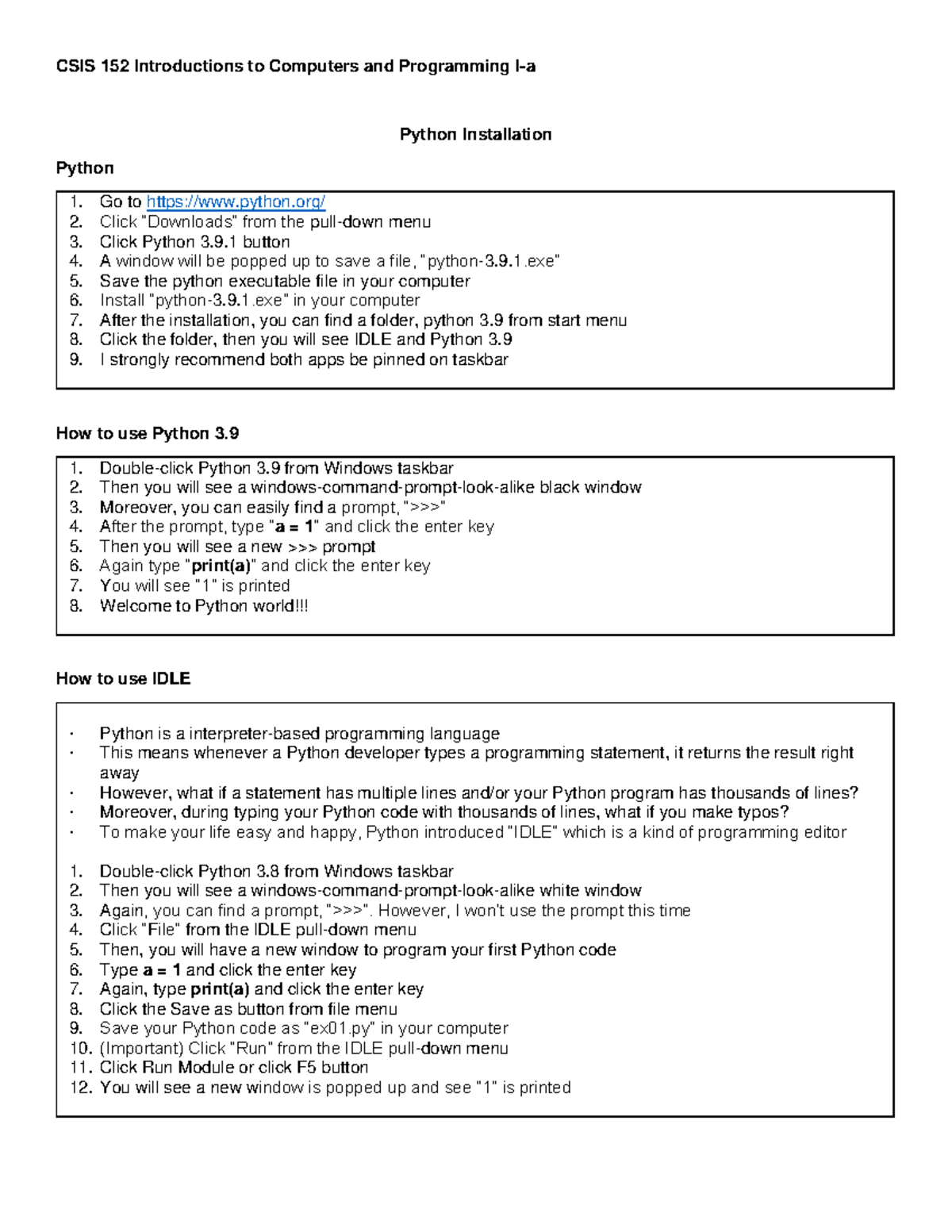 01. CSIS 152 2021-01-11-Python Installation - CSIS 152 Introductions to ...