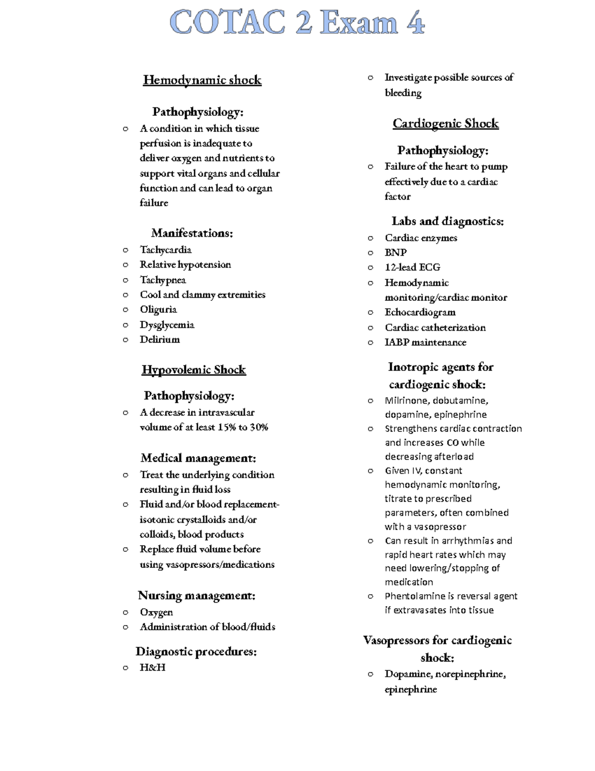 Cotac 2 Exam 4 - Hemodynamic shock Pathophysiology: A condition in ...