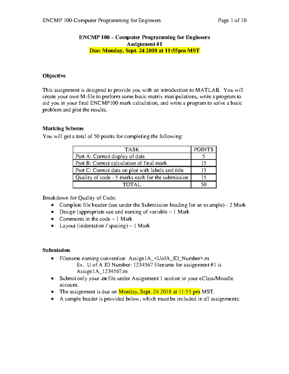 Assign 1Fall2018 - ENCMP Programming for Engineers Page 1 of 10 ENCMP 100 Computer Programming ...