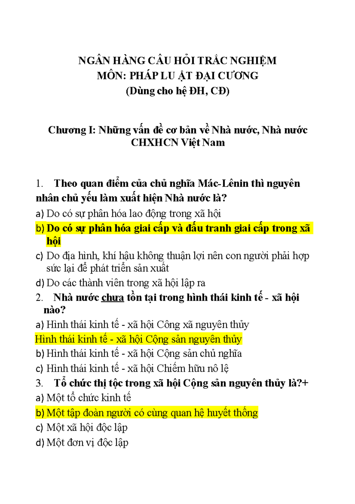 Ngan hang cau hoi PLDC - Ngan hang cau hoi PLDC - NGÂN HÀNG CÂU HỎI TRẮC NGHIỆM MÔN: PHÁP LU ẬT ...