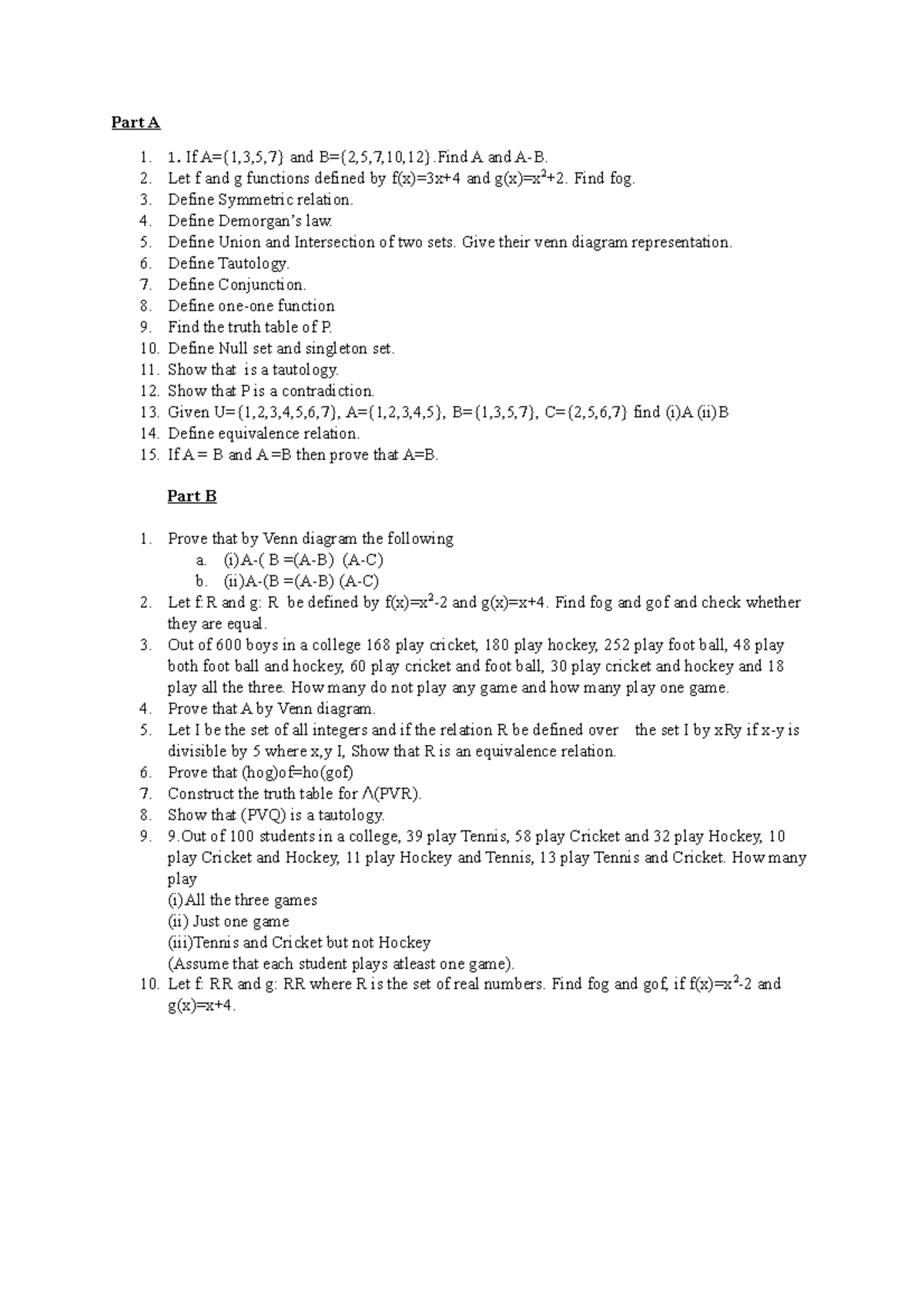 DM Imp Ques for CT1 - Ct1 question model - Part A 1. 1. If A={1,3,5,7} and B={2,5,7,10,12}.Find ...