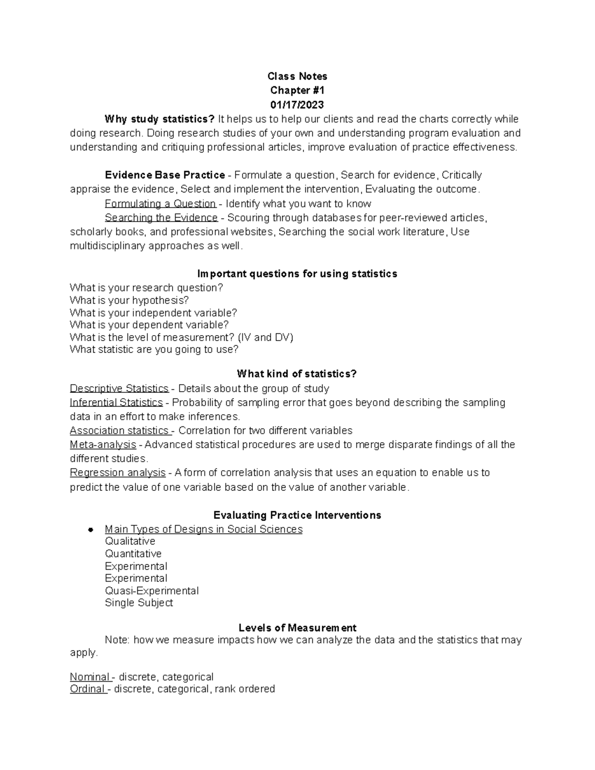 Statistics Notes (3372) - Class Notes Chapter # 01/17/ Why study ...
