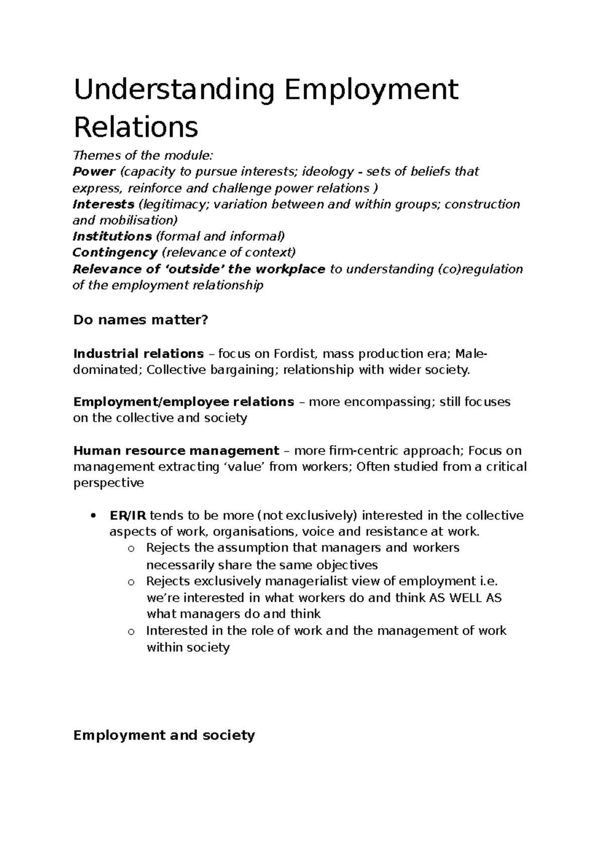 Understanding Employment Relations - Lecture notes 1-10 - Understanding ...