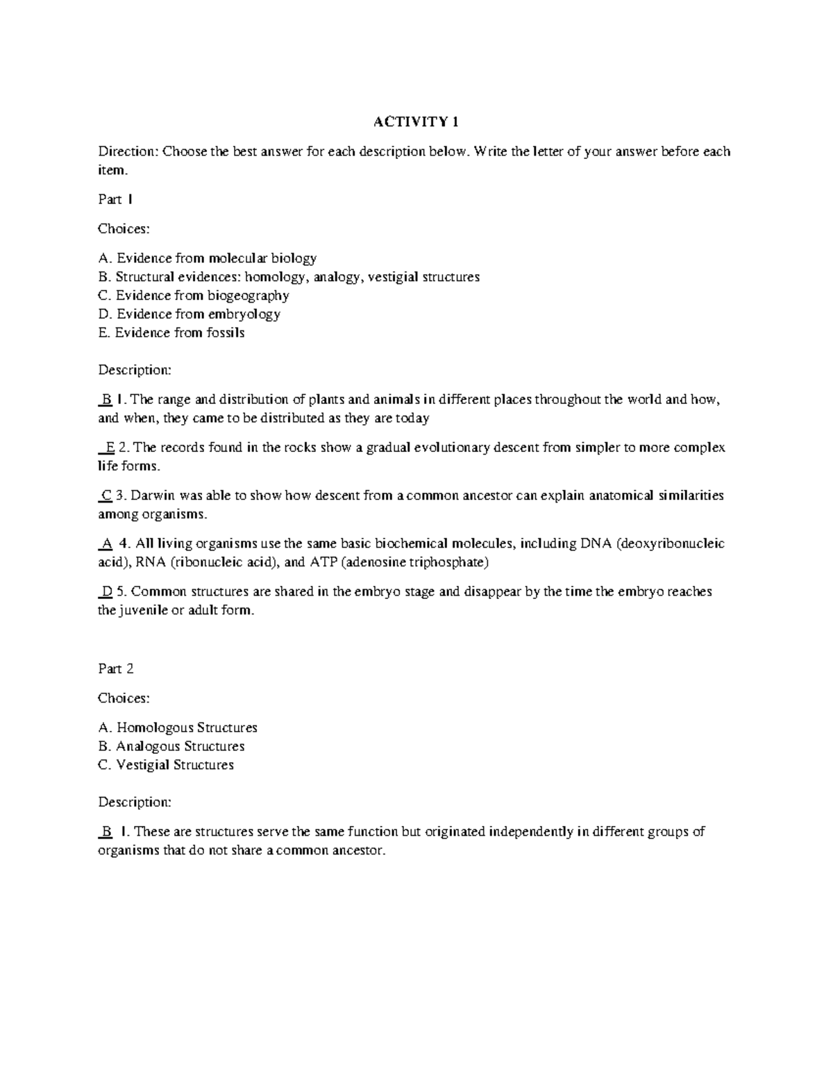 Evidences of Evolution - ACTIVITY 1 Direction: Choose the best answer ...