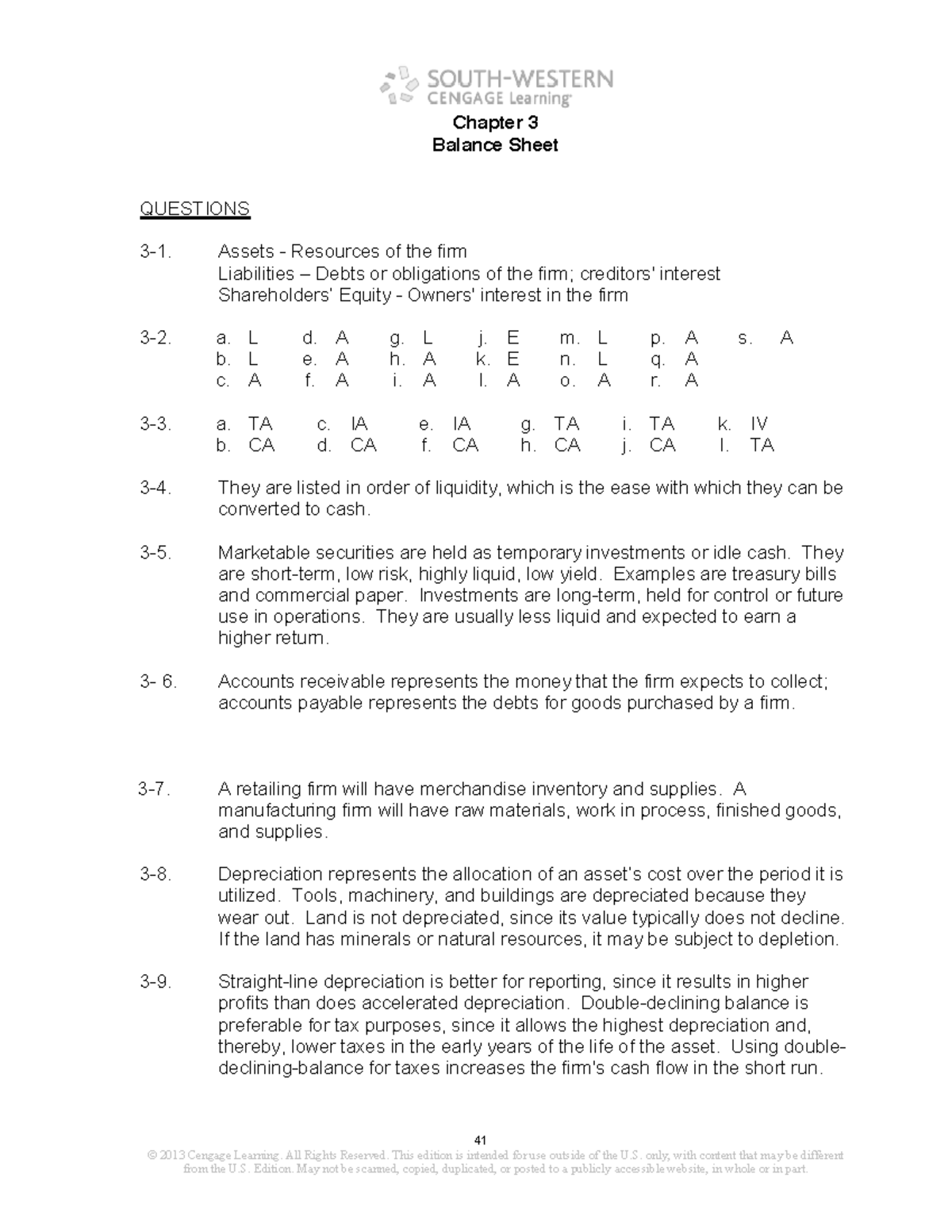 Chapter 3 solution - balance sheet - 41 © 2013 Cengage Learning. All ...