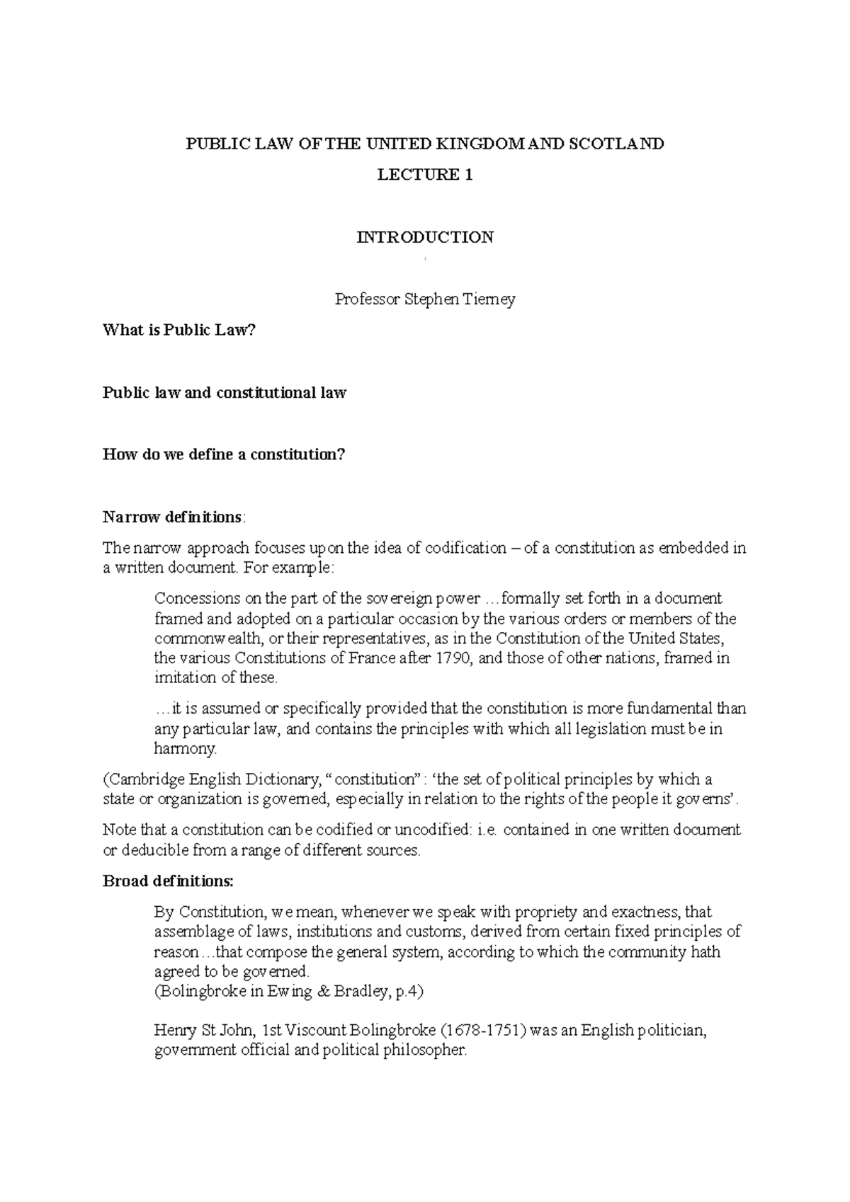 Handout Lectures 1-3 - PUBLIC LAW OF THE UNITED KINGDOM AND SCOTLAND LECTURE 1 INTRODUCTION ...