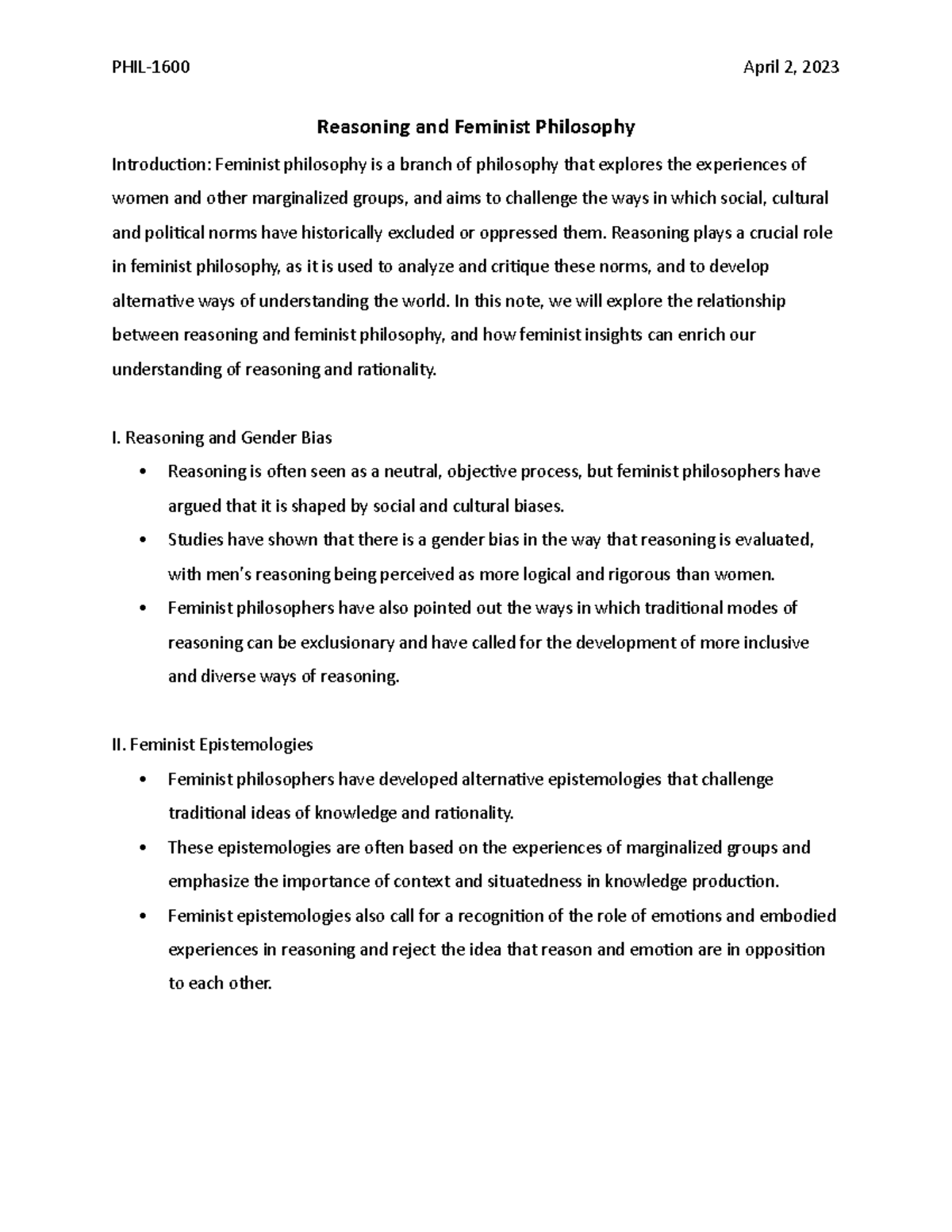 Reasoning and feminist philosophy - PHIL-1600 April 2, 2023 Reasoning ...