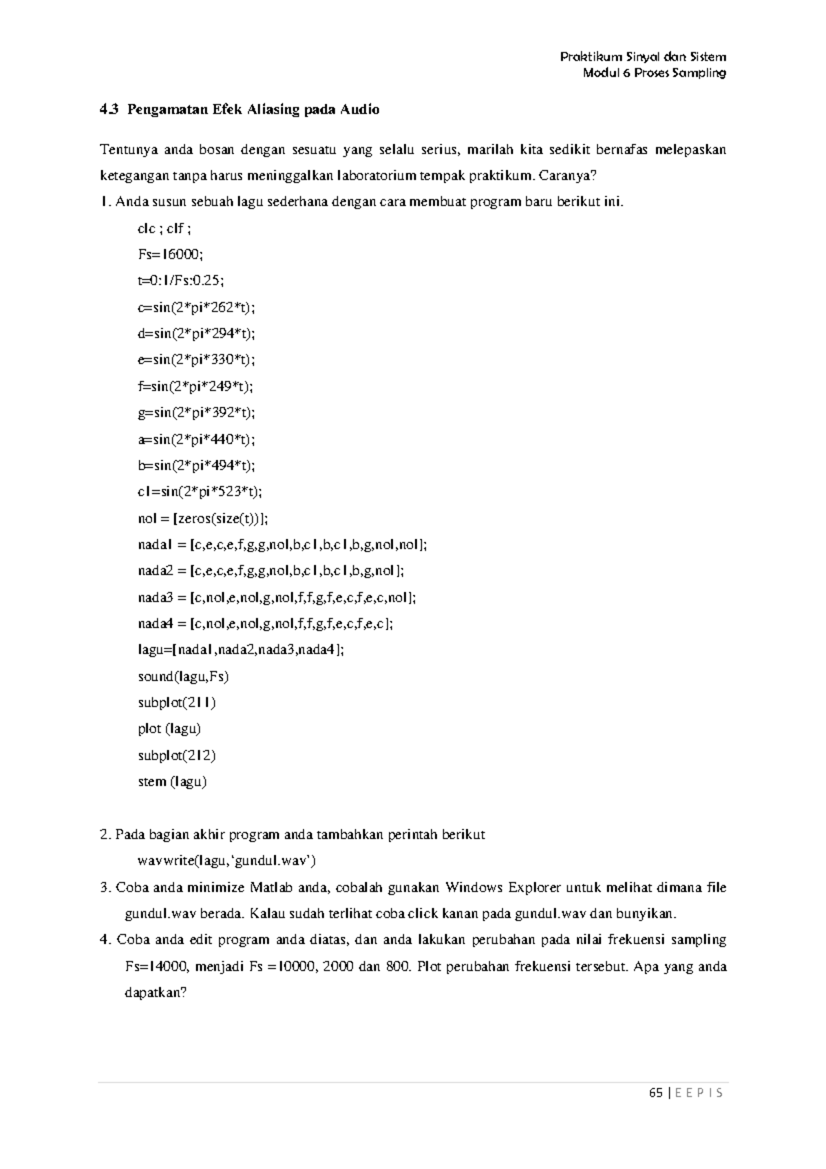 Prak Sinyal Sistem 1-35 - Praktikum Sinyal dan Sistem Modul 6 Proses Sampling 65 | E E P I S 4 ...