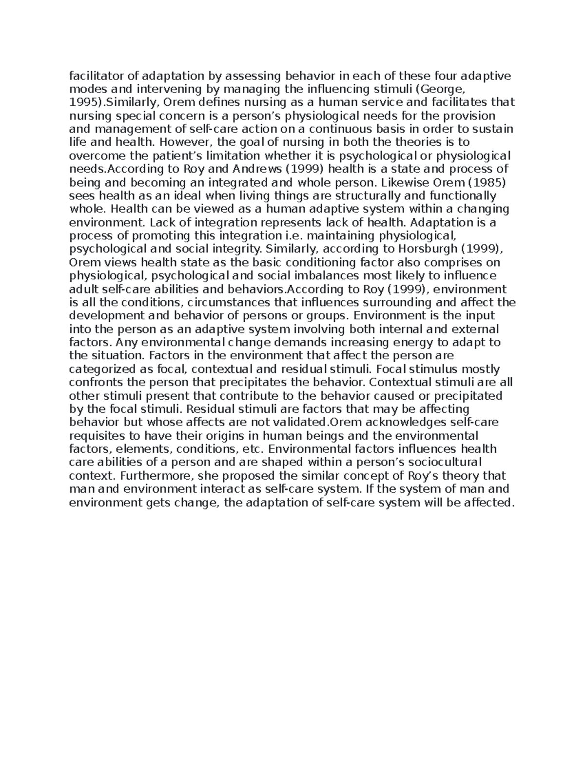 2767 - nursing essay - facilitator of adaptation by assessing behavior ...