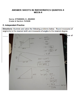 ANS. Sheets IN MATH WEEK-3 (Q-4 Anano) - ANSWER SHEETS IN MATHEMATICS QUARTER- WEEK- Name ...