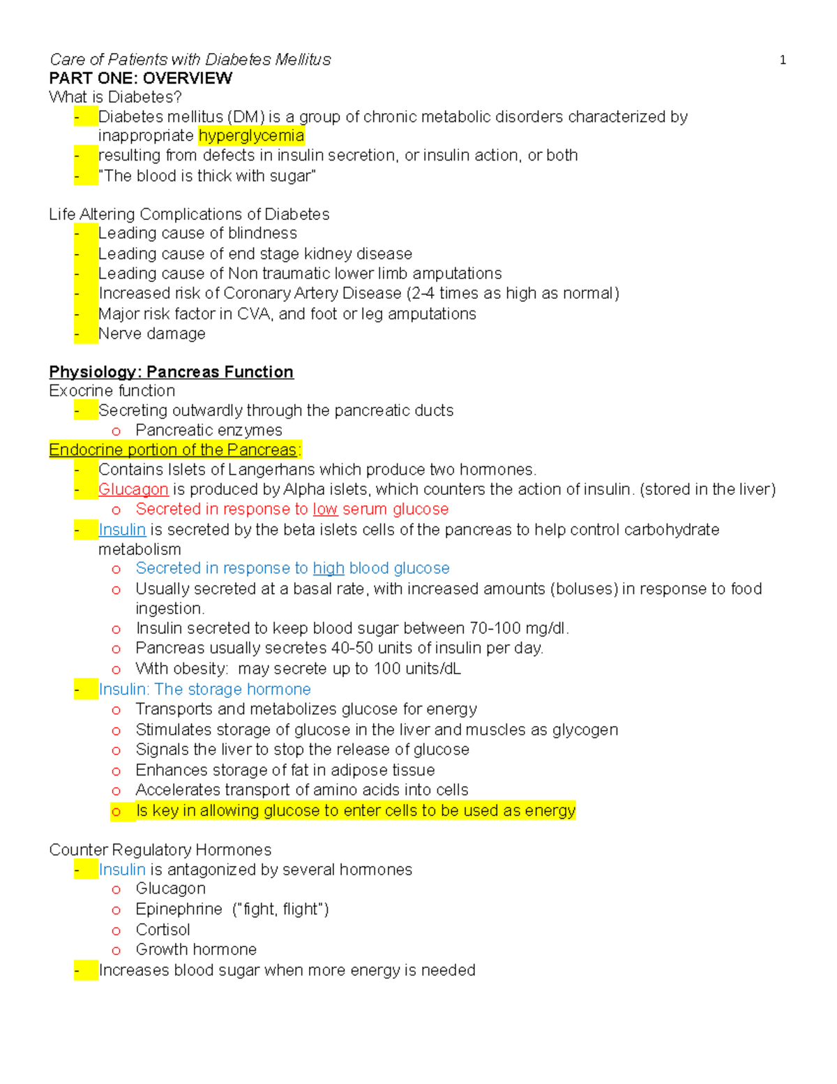 Diabetes Mellitus notes - PART ONE: OVERVIEW What is Diabetes ...