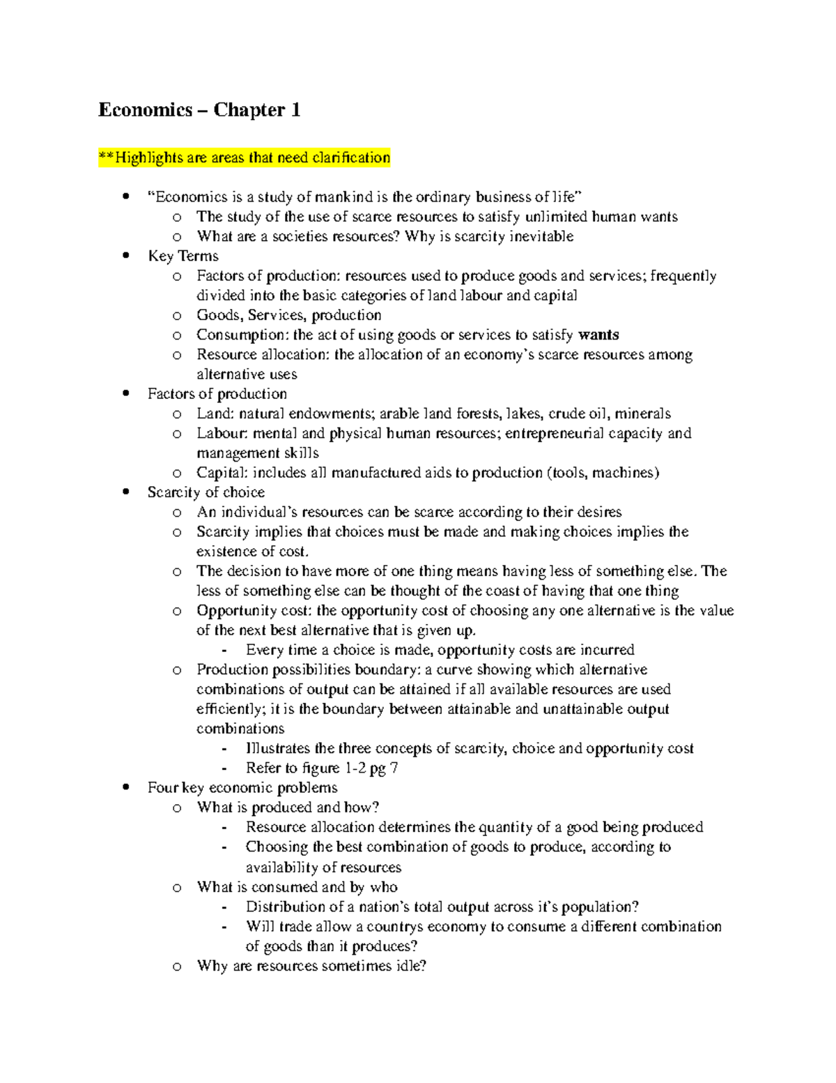 Microeconomics Textbook Notes - Economics – Chapter 1 **Highlights are ...