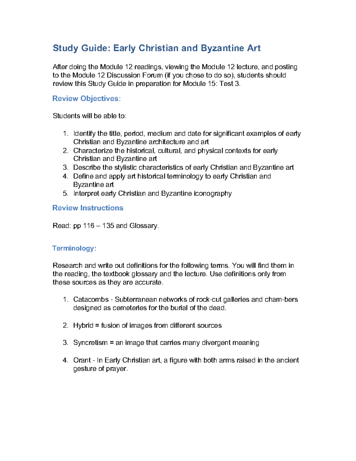 Study Guide M 12 - Study Guide: Early Christian and Byzantine Art After ...