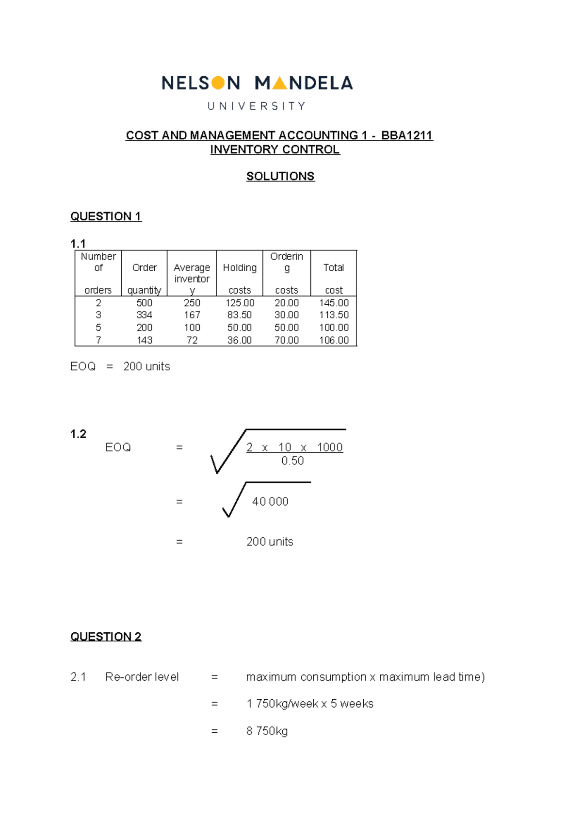 Inventory control solutions bba1211 - COST AND MANAGEMENT ACCOUNTING 1 ...