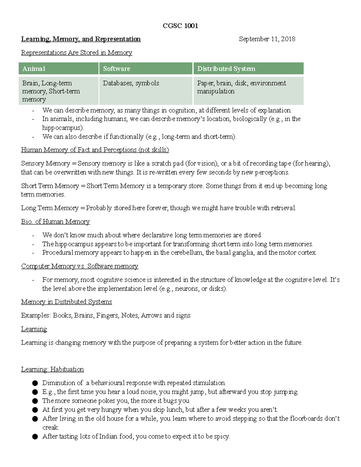 T5 - tutorial questions - CGSC 1001 Learning, Memory, and ...