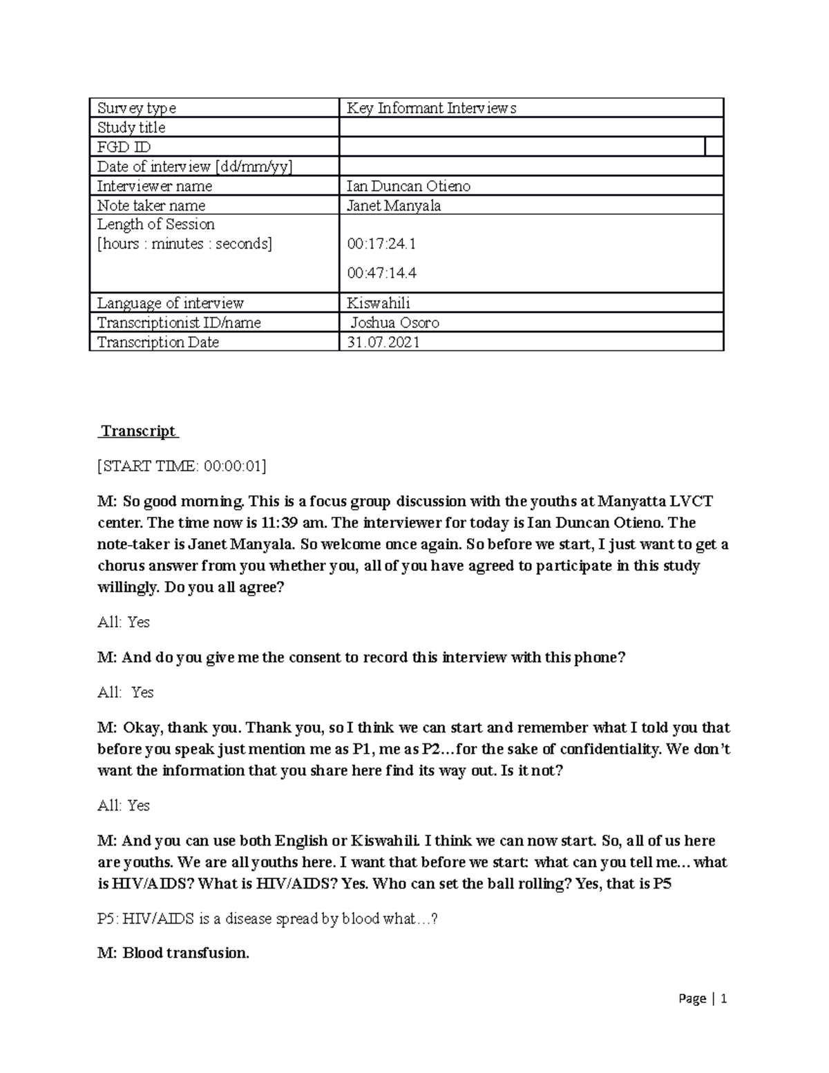 FGD PART 1 - NOTES - Survey type Key Informant Interviews Study title ...
