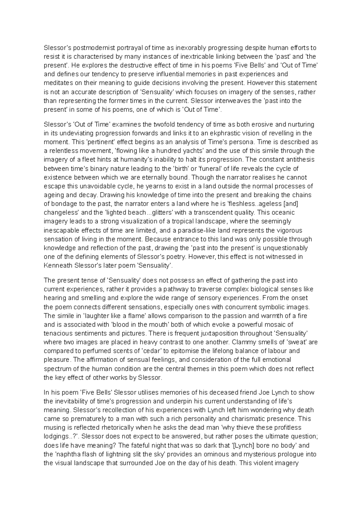 Kenneath Slessor's Poems - Slessor’s postmodernist portrayal of time as ...