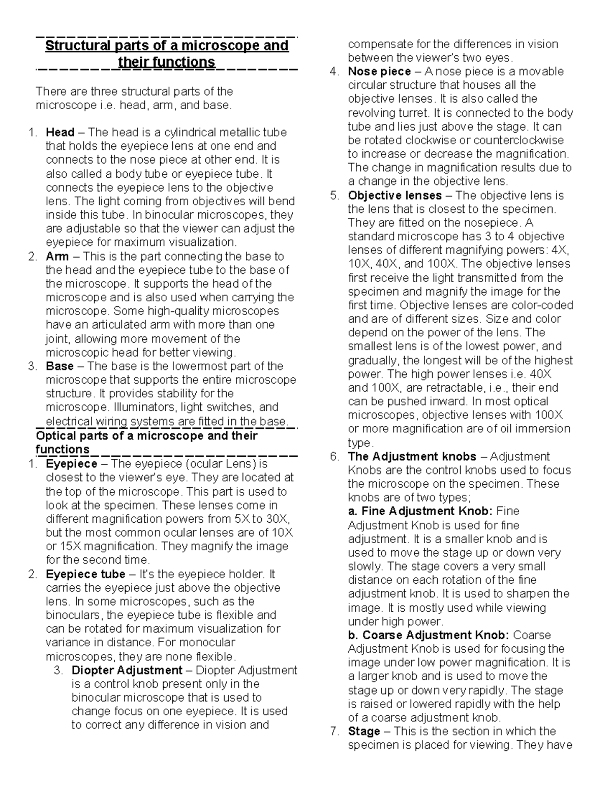Structural parts of a microscope and their functions - Structural parts ...