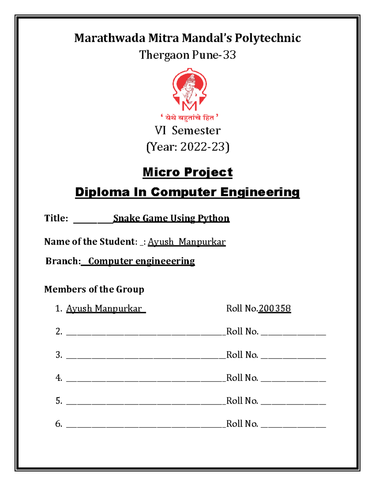 Ayush 2003 58 Report - OOD - Marathwada Mitra Mandal’s Polytechnic ...
