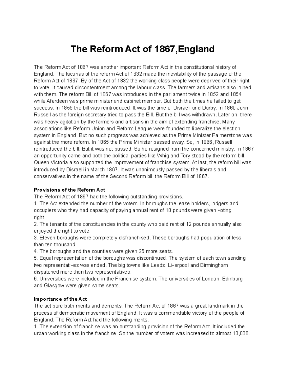 The Reform Act of 1867 - The Reform Act of 1867,England The Reform Act ...