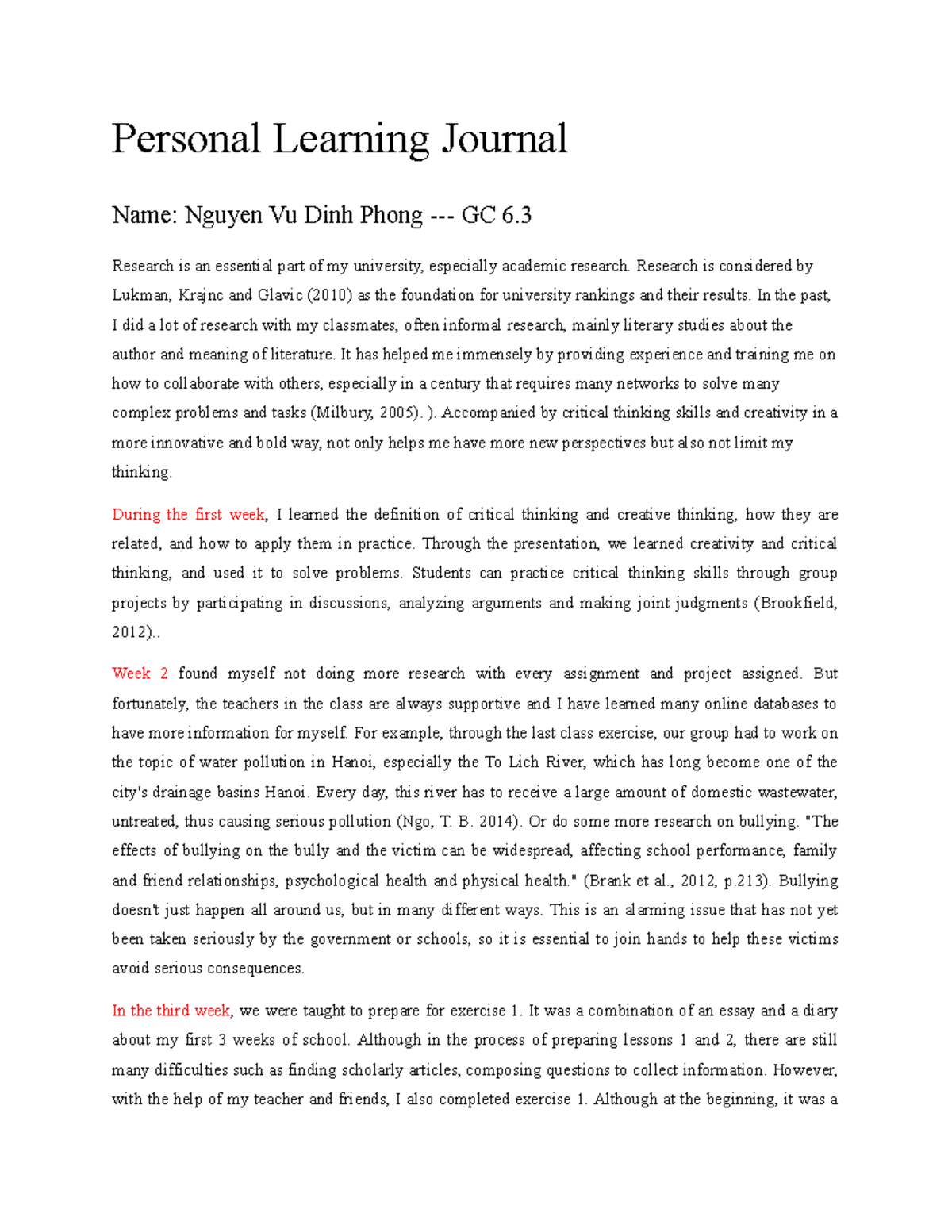 Personal Learning Journal DP - Personal Learning Journal Name: Nguyen ...