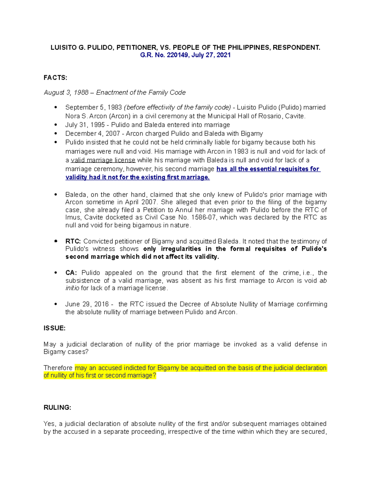 Pulido-VS - Case Digest - LUISITO G. PULIDO, PETITIONER, VS. PEOPLE OF ...